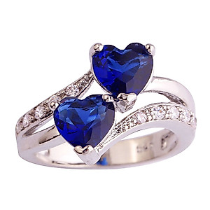 Emsione Vintage 925 Sterling Silver Plated CZ Double Heart Created Sapphire & Topaz Love Wedding Promise Ring