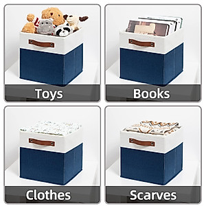 HNZIGE Cube Storage Bins Basket for Shelves Set of 8, Fabric Storage Cubes Baskets Closet Storage Bins for Cube with Handles, Cubby Storage Bins Baskets for Organizing Home and Office (White Blue)