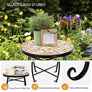 VINGLI Mosaic Outdoor Side Table, 14" Round End Table, Accent Table, Plant Stand Ideal for Pool Side, Porch, Patio, Deck or Sofa Side, Glass Top Black Iron, Golden Yard