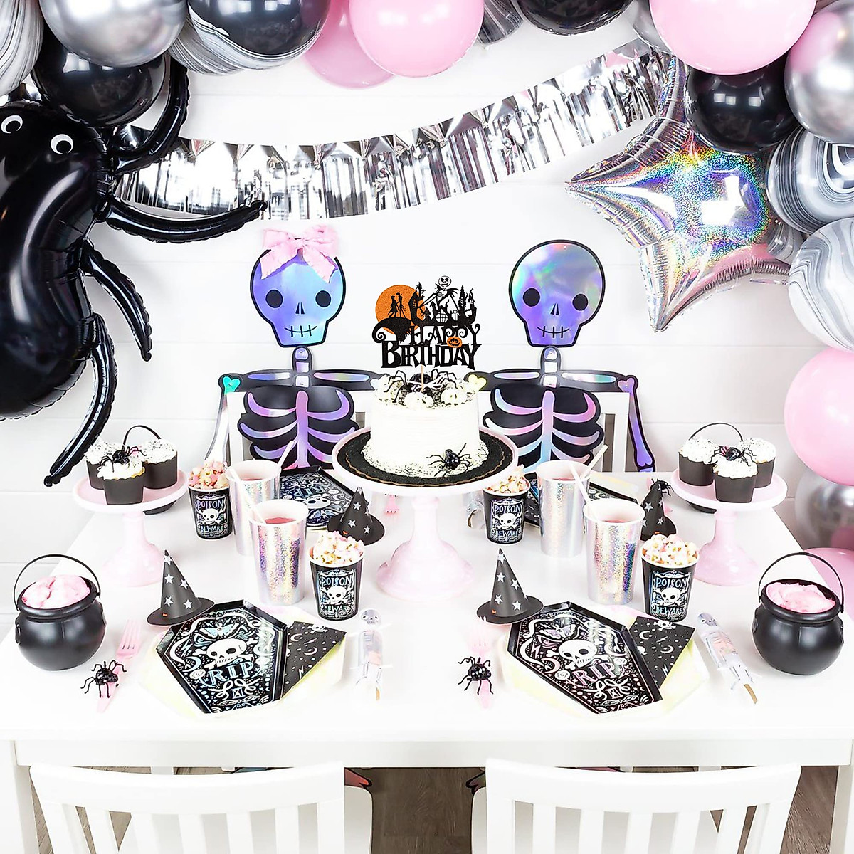 1 PCS Halloween Happy Birthday Cake Topper Glitter Jack and Sally Pumpkin Bat Castle Ghost Halloween Cake Pick for Halloween Theme Baby Shower Kids Birthday Party Cake Decorations Supplies