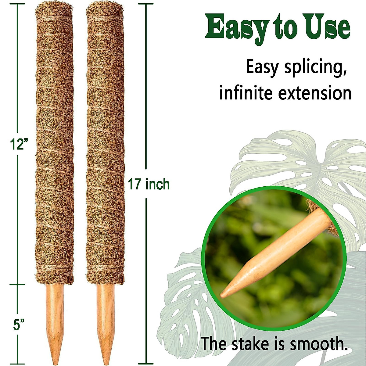 2 Pack 17 Inch Moss Pole, Stackable Moss Poles for Climbing Plants Monstera, Tall Plant Sticks Accessories, Large Coir Plant Support Stakes for Potted Plants Indoor, Pothos, Philodendron
