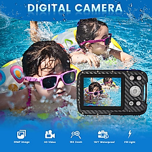YEEIN Digital Camera 30MP Kids Digital Camera with 32G SD Card and Rechargeable Battery, 18X Digital Zoom Compact Portable Digital Camera for Snorkeling Swimming Blue, 8026BU