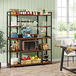 Tribesigns Large Bakers Rack, 55" Wide Kitchen Hutch Cabinet Microwave Stand with 11 Hooks, 5-Tier Baker’s Rack Kitchen Storage Shelf Rack with Hutch, Rustic Brown