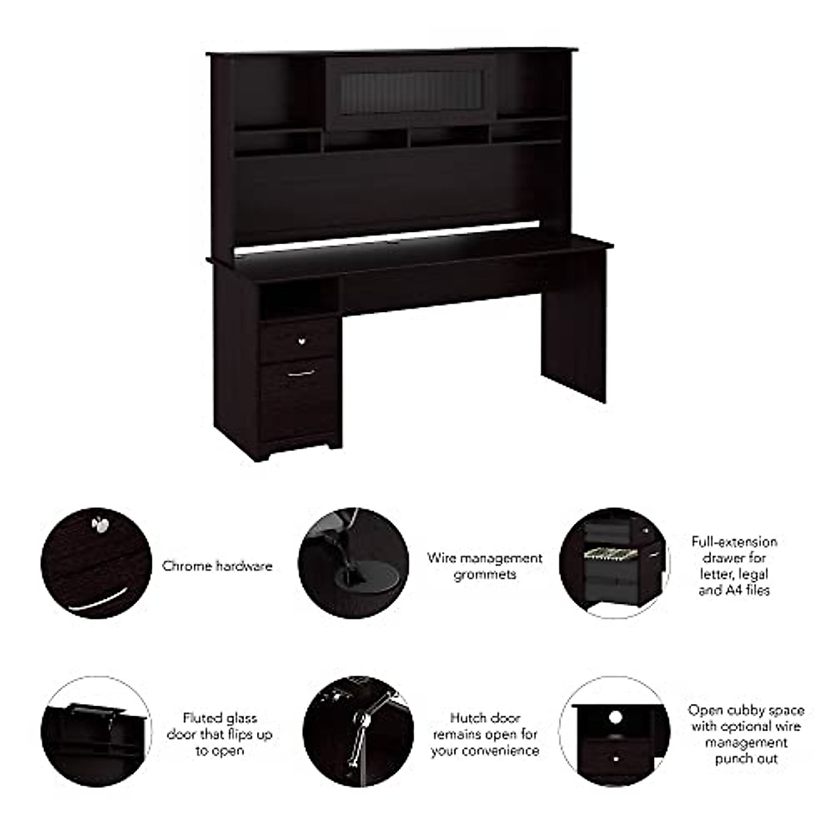 Bush Furniture Cabot 72W Computer Desk with Hutch and Drawers in Espresso Oak