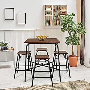 COSTWAY 5-Piece Bar Table Set Industrial Counter Height Square Table with 4-Piece Classic Backless Stools Space-Saving Vintage Dining Table Set for Apartment Breakfast Nook Easy Assembly Rustic Brown