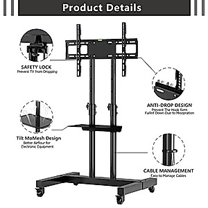 Mobile TV Stand on Wheels for 32-70 inch Flat Screen/Curved TVs, Television Stands with Wheels and Height Adjustable, Rolling TV Stand MAX VESA 600*400mm, TV Cart Rolling TV Stand with Shelf, Black