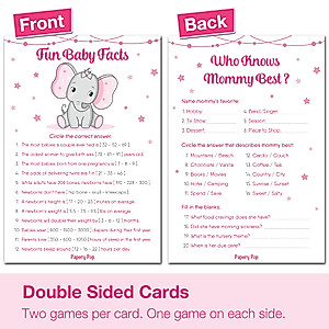 Papery Pop Baby Shower Games for Girl - Set of 4 Games for 30 Guests - Double Sided Cards - Baby Shower Supplies - Elephant