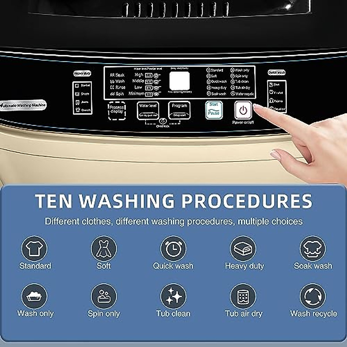 Full Automatic Washing Machine with LED Display, 10 Programs & 8 Water Levels Selections, 15.6Lbs for Home, RV, Camping, Apartment, Dorm - Gold