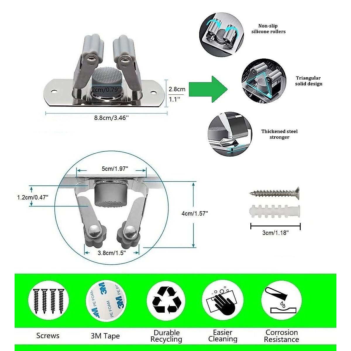 Mokife Mop Broom Holder Wall Mounted Heavy Duty, 4 Pack Stainless Steel Self Adhesive Tools Storage Organizers for Utility Room, Kitchen, Bathroom, Garage, Laundry, Garden and Office