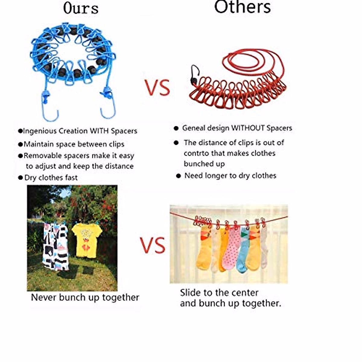 Newraturner 2 Pack Portable Clothesline with 12 Clothespins, Windproof Travel Clothesline Stretchy Retractable Elastic Laundry Clothes Line for Backyard, Vacation Hotel, Balcony Clothes Drying Line