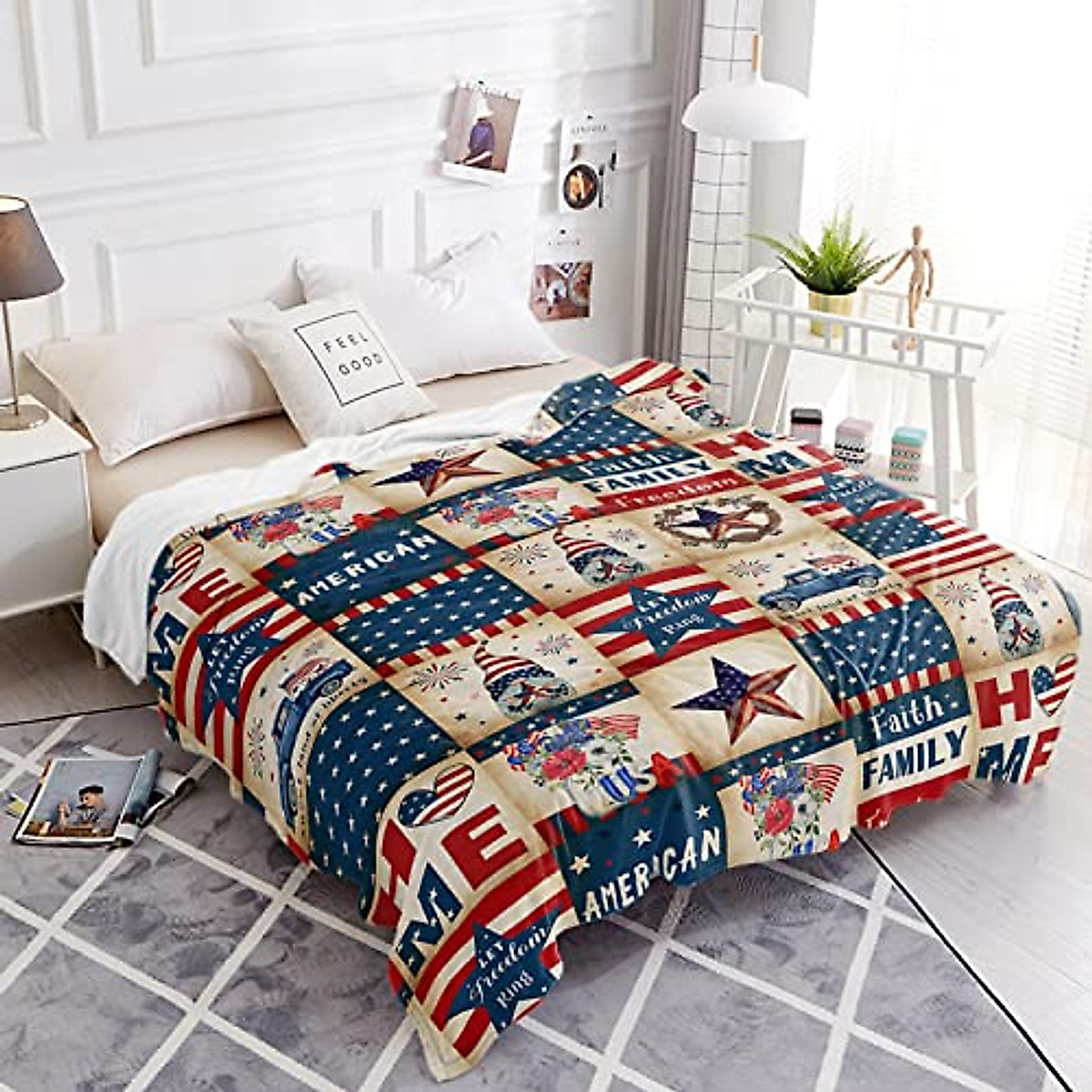 Patriotic Gnome Blanket USA Flag Throw Blankets Retro Plaid Soft Flannel Fleece Comfort Blanket, Check American Theme 4th of July Cozy Warm Bed Cover for Sofa Couch Chair 40x50In
