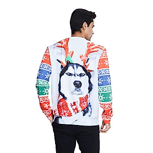 RAISEVERN Ugly Christmas Sweater for Men Women Funny Xmas Dog Husky Scarf Sweatshirt Holiday Festive Long Sleeve Winter Reindeer Pullover Top