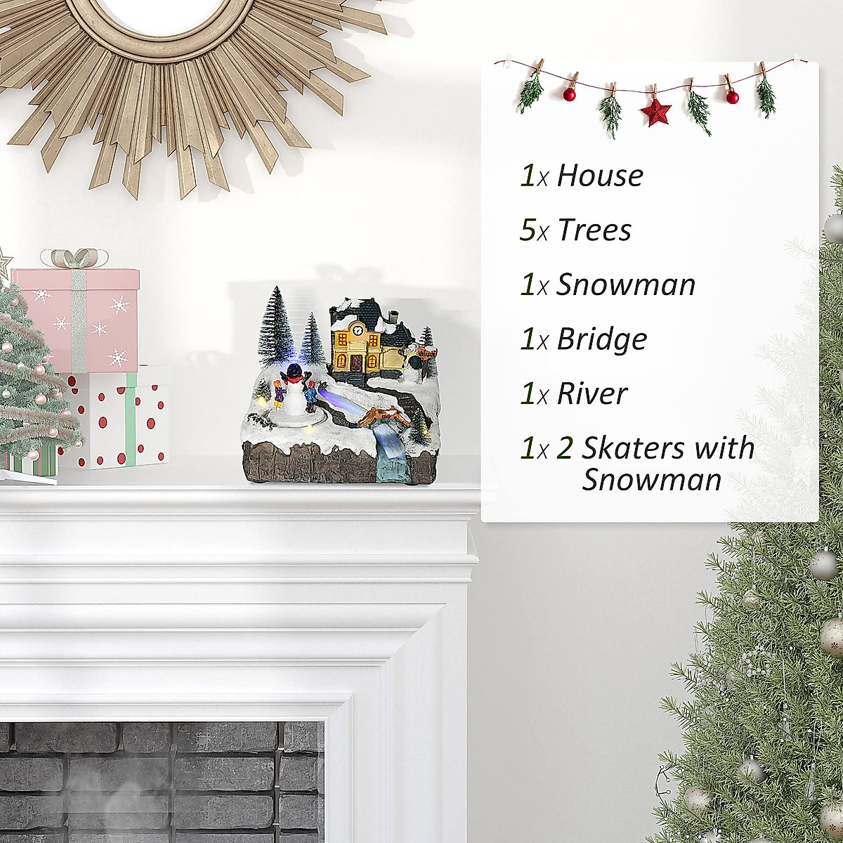 HOMCOM Christmas Village Rotating Skating Pond Animated Winter Wonderland Set with LED Light, Music, Fiber Optic, Battery-Operated Christmas Decoration