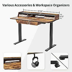 FEZIBO Standing Desk Adjustable Height with Drawers, 48 x 25 Inch Stand Up Desk with Storage Shelf, Electric Standing Desk with Storage Space, Rustic Brown Top/Black Frame