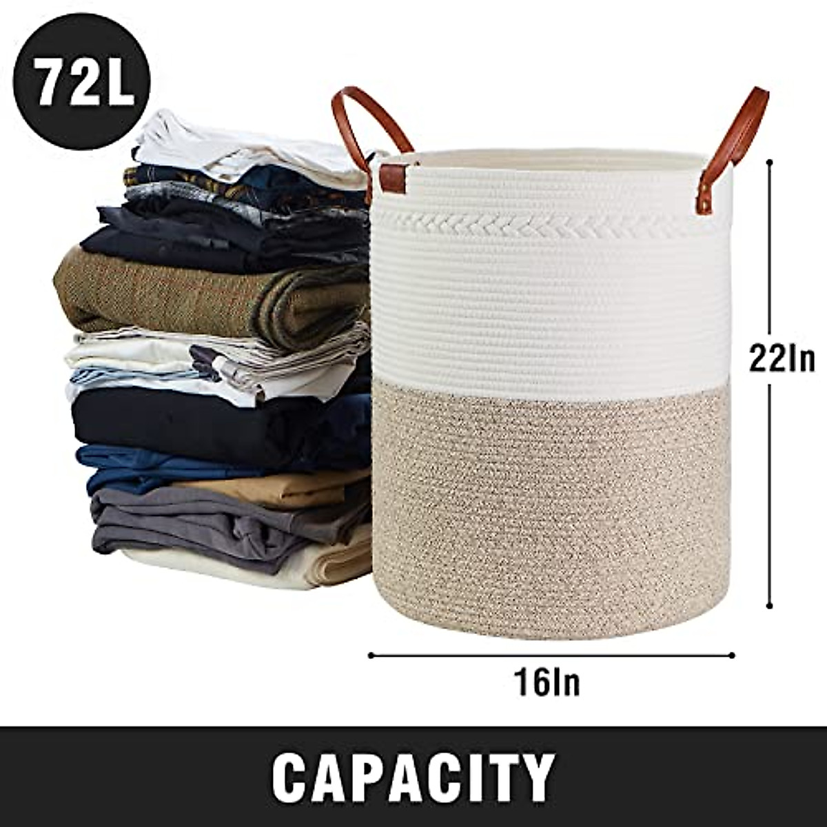 TECHMILLY Tall Laundry Basket, Large Woven Cotton Rope Dirty Clothes Hamper with Handle for Nursery, Bathroom, Bedroom - 72L