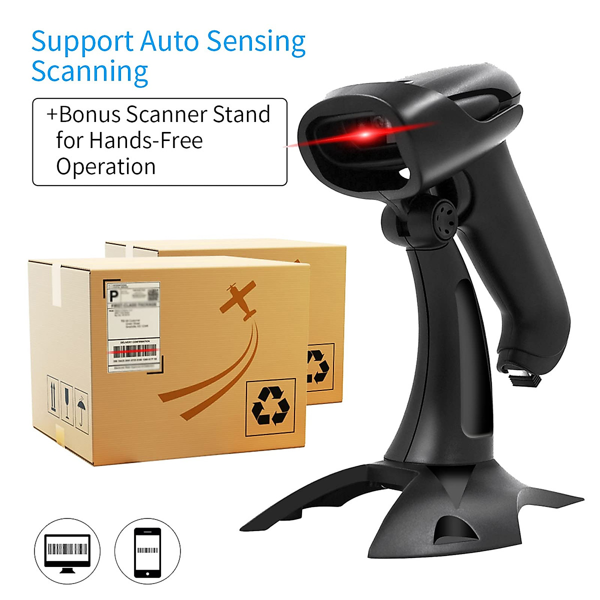 Alacrity Wireless Portable 1D&2D Barcode Scanner with Stand QR Bluetooth Barcode Scanner Gun 3-in-1 Vibration, Cordless, Rechargeable Scan Gun for Inventory Management