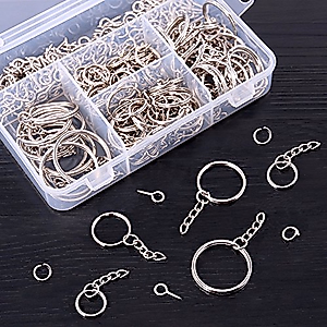 Swpeet 300Pcs Key Chain Rings Kit, 100Pcs Keychain Rings with Chain and 100Pcs Jump Ring with 100Pcs Screw Eye Pins Bulk for Jewelry Findings Making - 3/5 Inch, 4/5 Inch, 1 Inch, 6/5 Inch (Sliver)