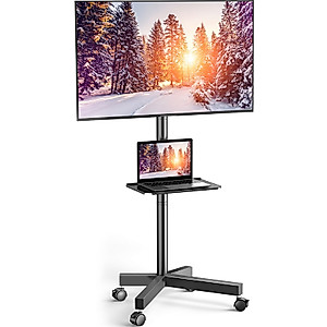 Mobile TV Cart with Wheels for 23 to 60 inch LCD LED 4K Flat Curved Screen TVs, Height Adjustable Shelf Trolley Floor Stand Holds up to 55lbs, Monitor Holder Tray Max VESA 400x400mm PSTVMC04W White