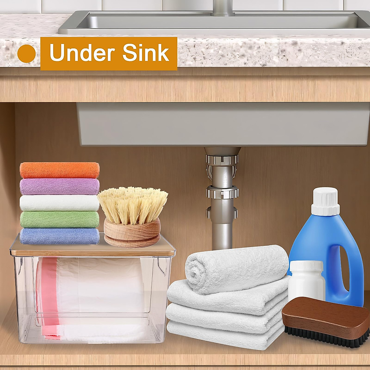 Hiitytin Trash Bag Dispenser Roll Holder, Trash Bag Holder Dispenser with Bamboo Top & Handles, Extra Large Garbage Bag Holder Dispenser Trash Bag Organizer Under Sink