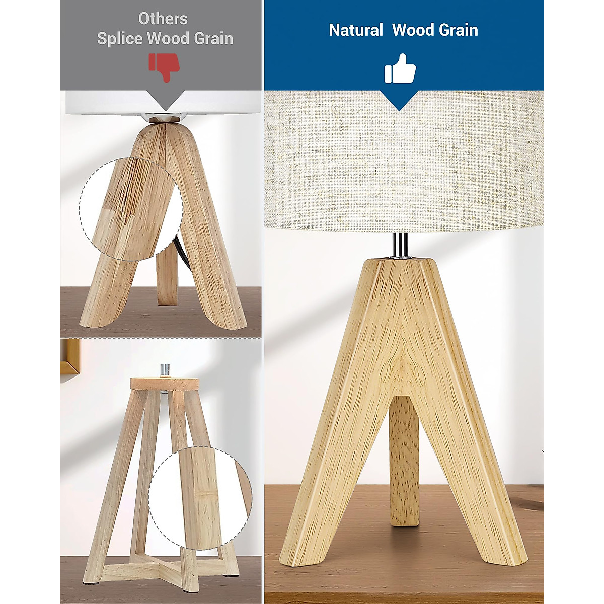 DEWENWILS Small Table Lamp, Boho Bedside Lamp with Linen Fabric Shade, Wood Tripod Nightstand Lamp for Living Room, Nursery, Bedroom, Kids Room, Side Table, 14.2 Inch, ON/Off Switch