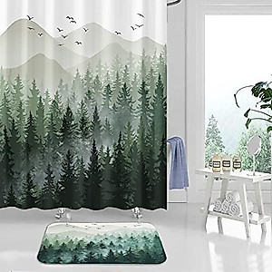 Accnicc Green and White Misty Forest Shower Curtain Bundle with Green Misty Forest Small Bathroom Rugs Mat Non-Slip Bath Rugs