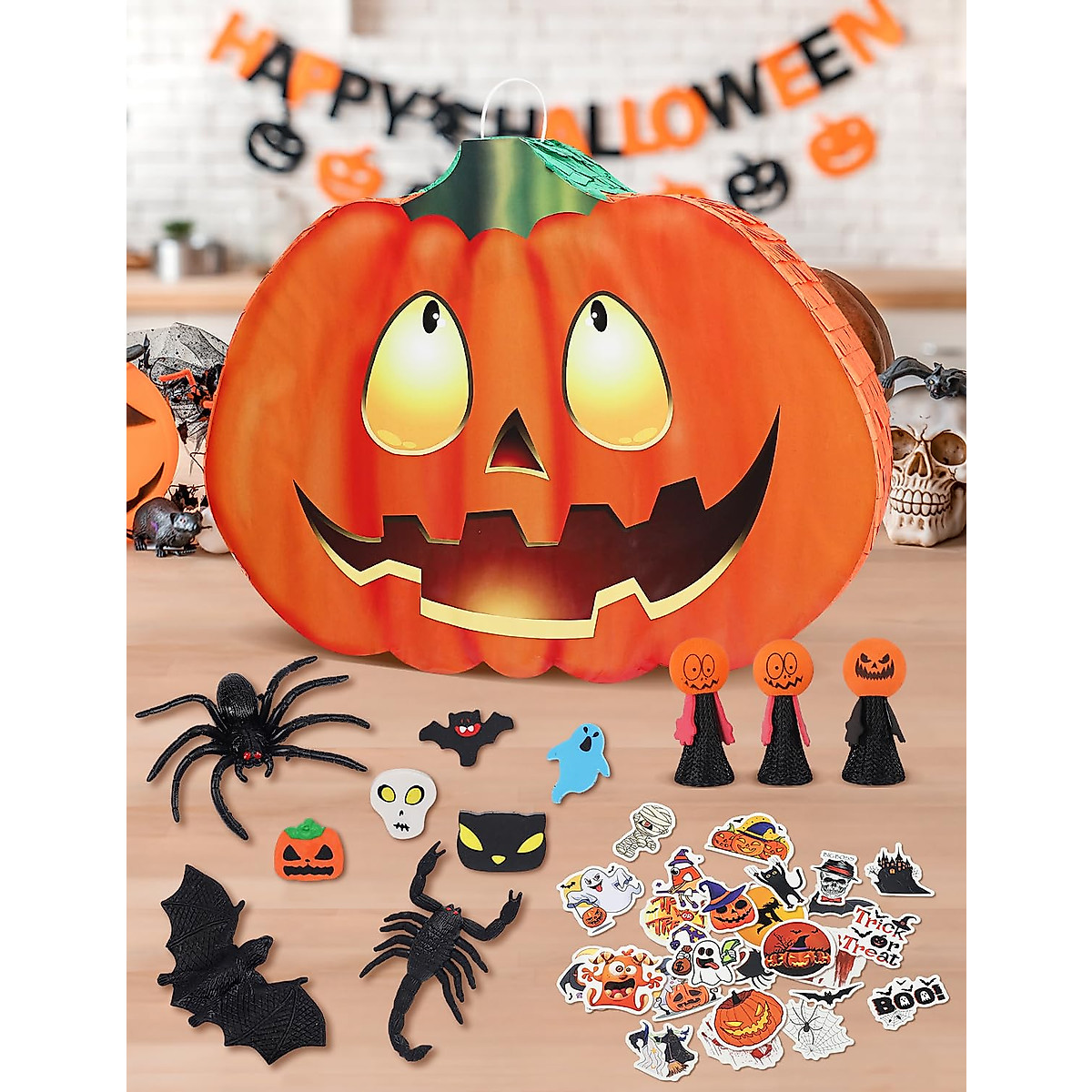 Halloween Pumpkin Piñata - 74pc Set: Complete Party Game with Toys, Goodie Bags, Bat & Blindfold - Perfect for Kids' Birthdays, Classroom Prizes & Festive Decorations