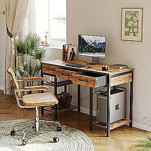 CubiCubi 47 Inch Computer Desk with Fabric Drawers and Storage Shelfs, Small Office Home Desk, Study Writing Table, Modern Simple Desk, Rustic Brown