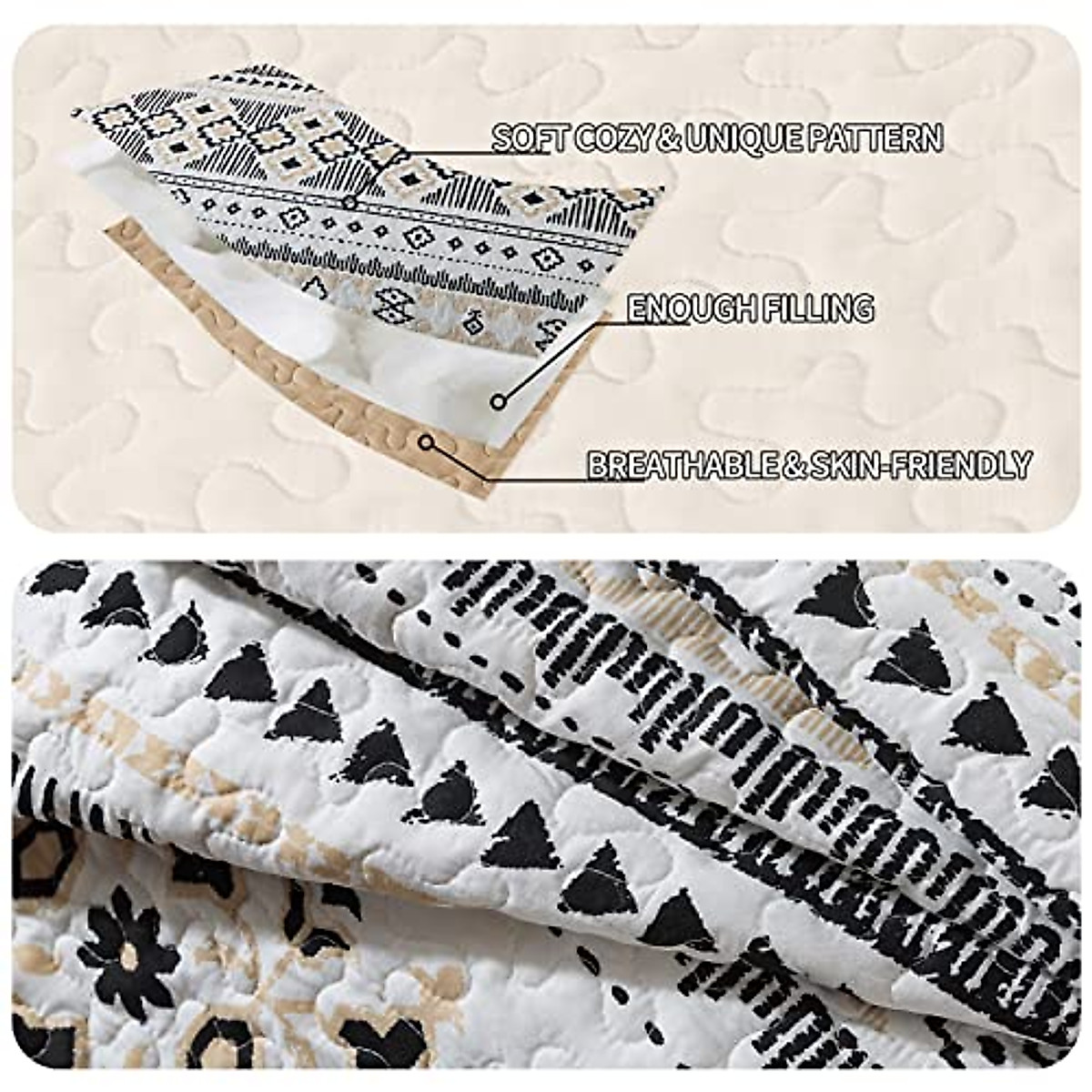 VAPUTAR King Size Quilt Bedding Set - 3 Pieces Soft Stripe Boho King Bedspread, All-Season Lightweight Reversible Coverlet Sets, Quilts King Size for Farmhouse Bedroom (Black/Beige)