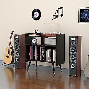 scolyk Large Record Player Stand, Vinyl Record Storage Cabinet with Power Outlet, Record Player Table Holds up to 350 Albums, Mid-Century End Table Turntable Stand for Living Room, Office.