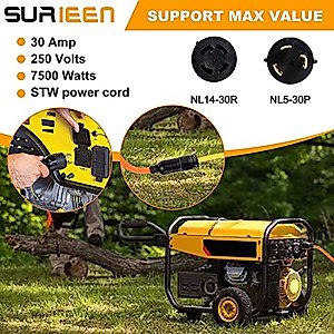 SURIEEN NEMA L5-30P to L14-30R Generator Transfer Switch Adapter Cord, 30 Amp 3 Prong to 4 Prong Generator Plug Adapter Twist Lock to House Inlet Box with Power Indicator, STW 10 Gauge 1.5FT
