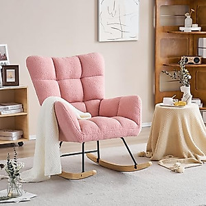 Furnimart Rocking Chair, Nursery Glider Rocker with High Backrest, Upholstered Glider Rocking Chairs for Nursery, Pink Comfy Reading Chair, Teddy Fabric Side Chair for Living Room, Bedroom