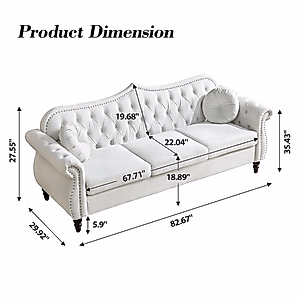 3 Seater Chesterfield Sofa Velvet for Living Room, Modern Tufted Velvet Couch 3 Seater with Scroll Arms and Nailhead, Chesterfield Velvet Sofa, Roll Arm Classic Chesterfield Settee Couches (White)