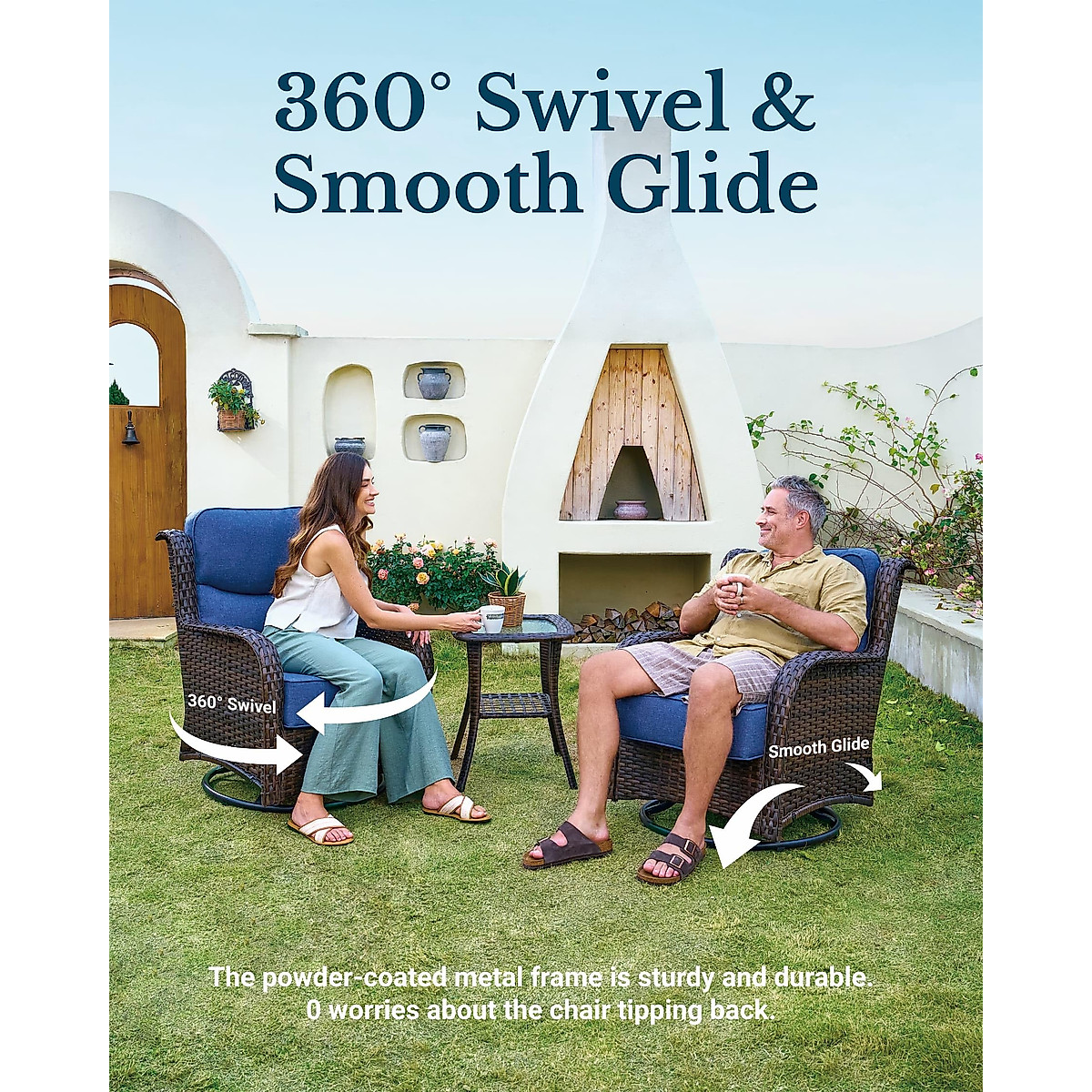 HILLGA Luxury High Back Outdoor Swivel Rocker Patio Chairs Set of 2, with 6-Inch Thick Cushions and Side Table, Ideal for Porch, Poolside, Deck, and Yard in Blue (PRO Version 2.0)