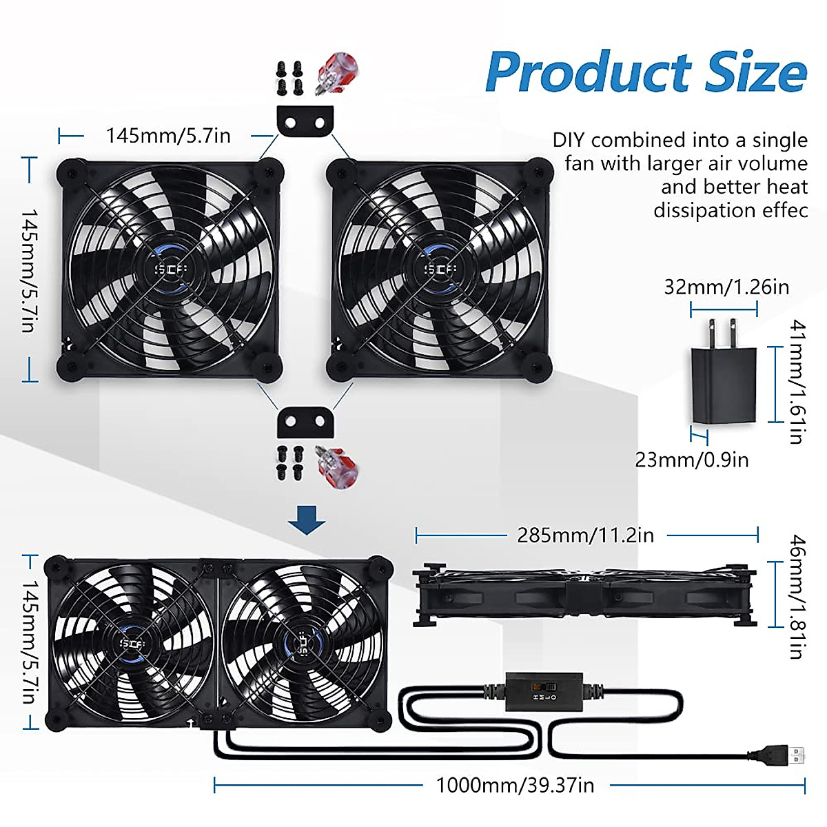 SCCCF Dual 140mm USB Speed Control Fan, 5V Portable Cooling Fan for Flat-Screen TV Receiver Router DVR Playstation Xbox Computer Cabinet Cooler