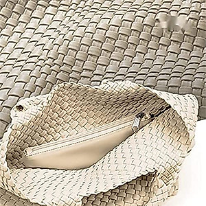 HDHTB Woven Tote Bag, Women Macaron Soft Leather Weave Handbag Purse Wrist Bag Large Capacity Work Shopping Travel Daily (Beige)