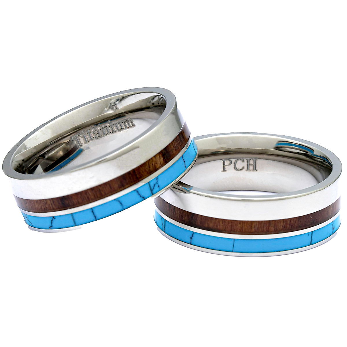 PCH Jewelers Turquoise and Koa Wood Ring set in Titanium High Polish Wedding Bands 8mm Comfort Fit (10)