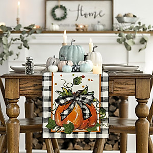 Artoid Mode Pumpkin Bow Buffalo Plaid Fall Table Runner,Seasonal Autumn Kitchen Dining Table Decoration for Home Party Decor 13x72 Inch