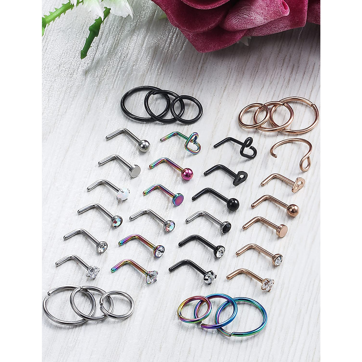 Ocptiy 22G Nose Ring for Nose Piercing Jewelry Nose Stud Women 22 Gauge Stainless Surgical Steel Thin Nose Ring Hoop L Shaped Bend Curved Nose Rings Stud Hoop Nose Piercings Jewelry for Women Men 2MM