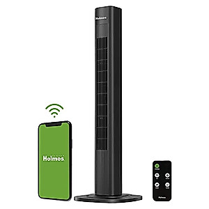 HOLMES 36" Smart WI-FI Connected Tower Fan, Alexa Fan, Voice Control, Oscillation, Digital Control Panel, Remote Control, 3 Speed Settings, 3 Modes, 15-Hour Auto-Shut Off Timer, Black Finish