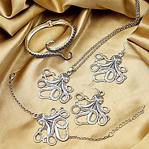 RechicGu Vintage Silver Octopus Jewelry Set Sea Creature Kraken Tentacle Necklace Earrings Bangle Anklet Bracelet Nature Pack Fisherman Fish Gift