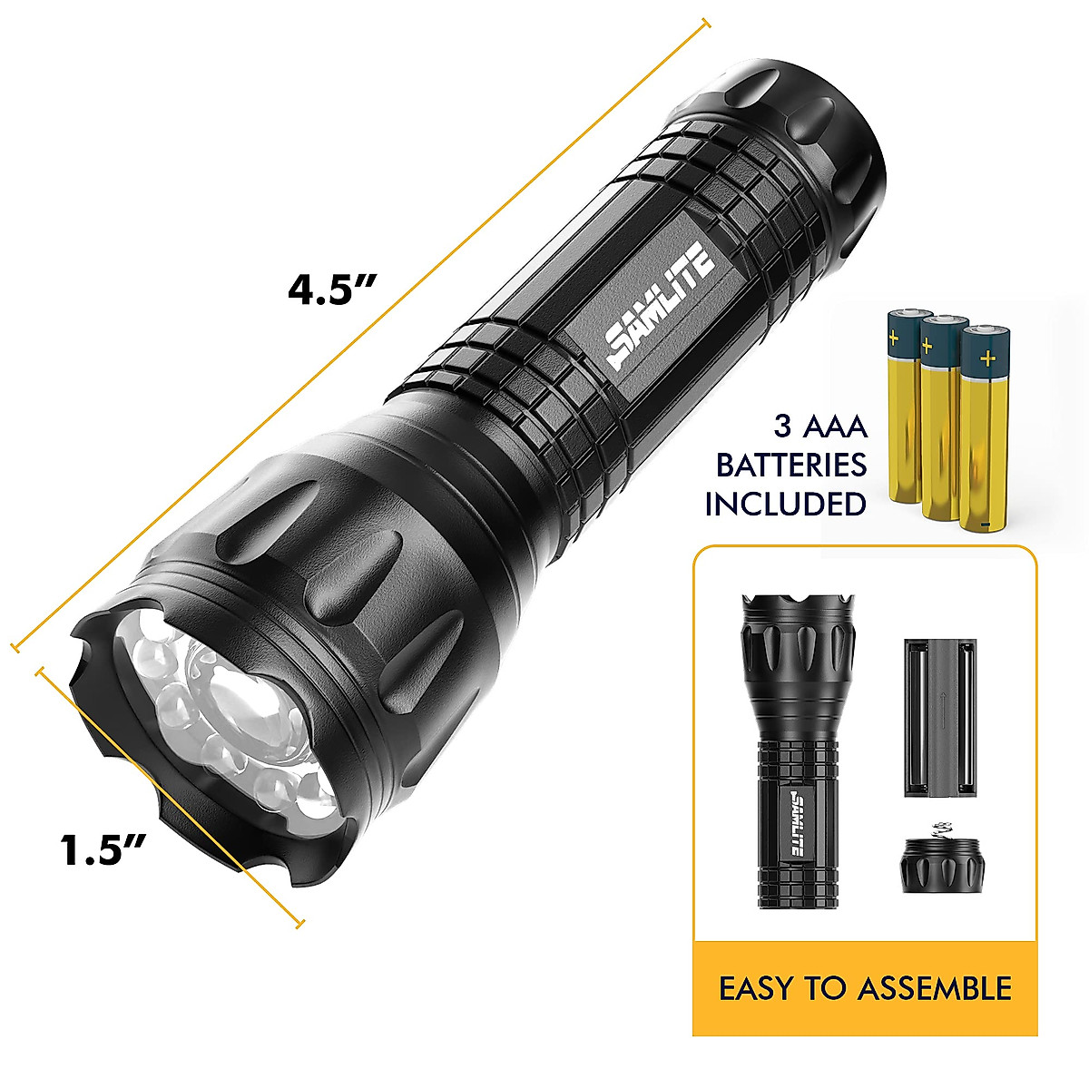 SAMLITE- LED Tactical Flashlight with 5 Options, Bright LED Light, Laser Pointer, UV Blacklight, Green Light and Magnetic Bottom - Water Resistant - (3 AAA Batteries Included)