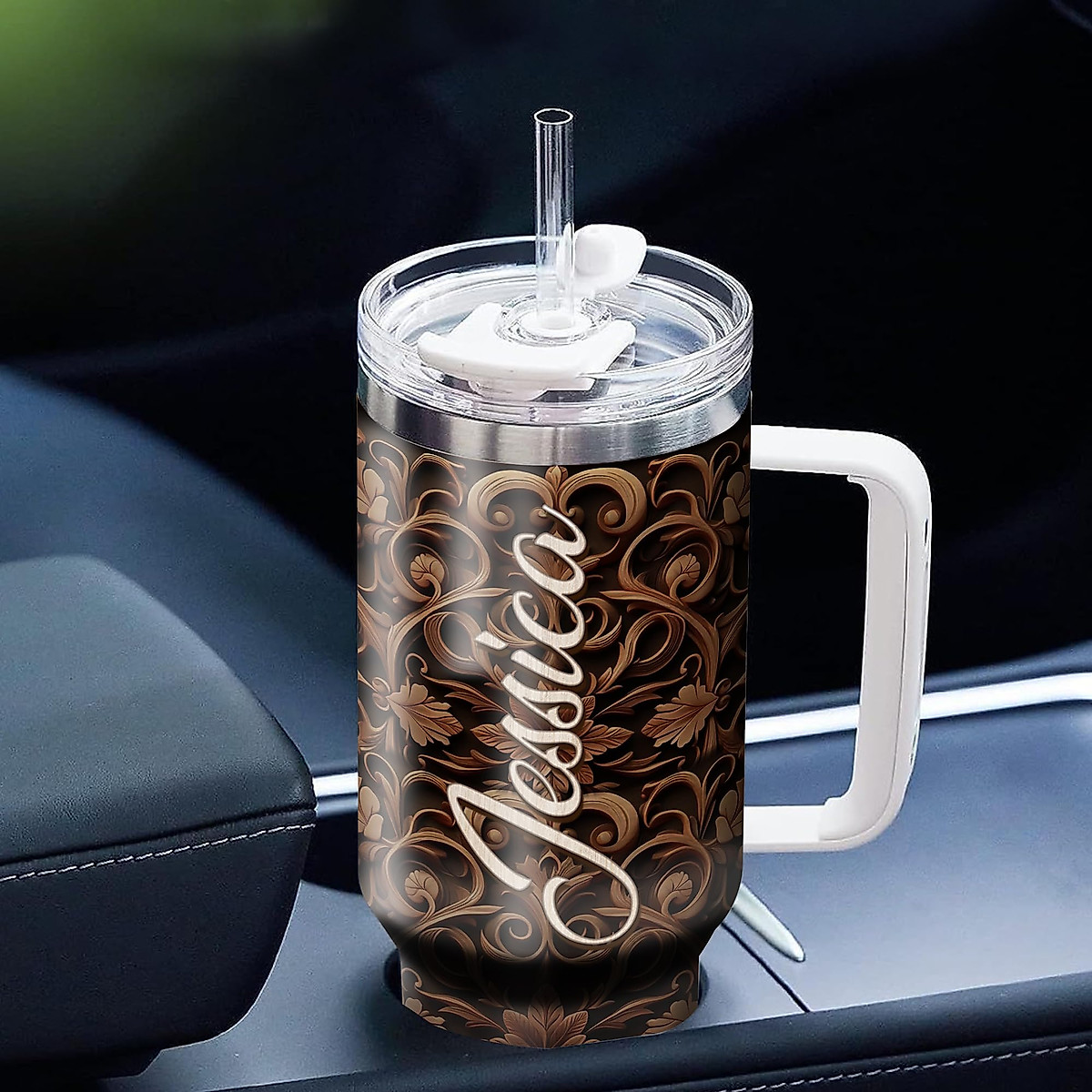 WAZONE Personalized Owl Tumbler Insulated Cup With Lid Wooden Drawings Tumbler 40oz with Handle and Straw Coffee Travel Mug Custom Name Gifts Themed Animal For Men Women Teen Owls Lover