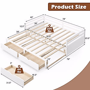 Giantex Wood Daybed with Trundle, Twin to King Extendable Daybed with 2 Storage Drawers, Dual-use Modern Day Bed for Teens, Adults, Bedroom, Guest Room, No Box Spring Required, White