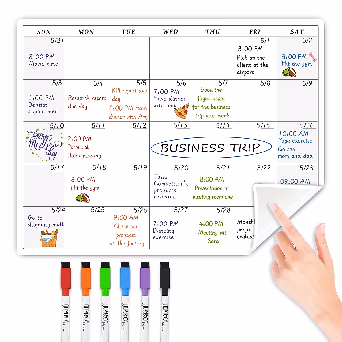 JJPRO Non-Magnetic Reusable Monthly Calendar Whiteboard Clings to All Smooth Surfaces. Monthly Planning Board for Refrigerator, Cabinet,Door&Stainless Fridge, 6 Markers Included!