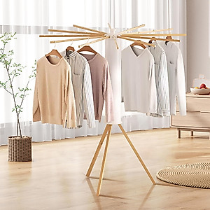 Ejoyous Tripod Clothes Drying Rack, Flodable Laundry Hanger Collapsible Wooden Clothing Dry Rack Floor Standing Folding Garment Rack for Home Balcony Indoor Outdoor Travel