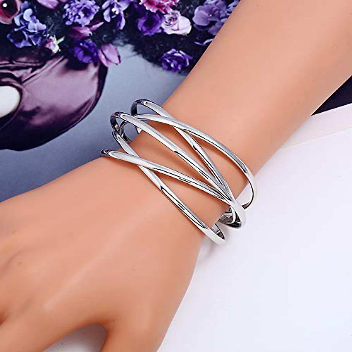 Caiyao Personalized Hollow Retro Open Cuff Bracelet for Women Multi-layer Cross Wire Bangle Bracelet Open Adjustable Wide Cuff Bracelet for Men Fashion Jewelry-B silver