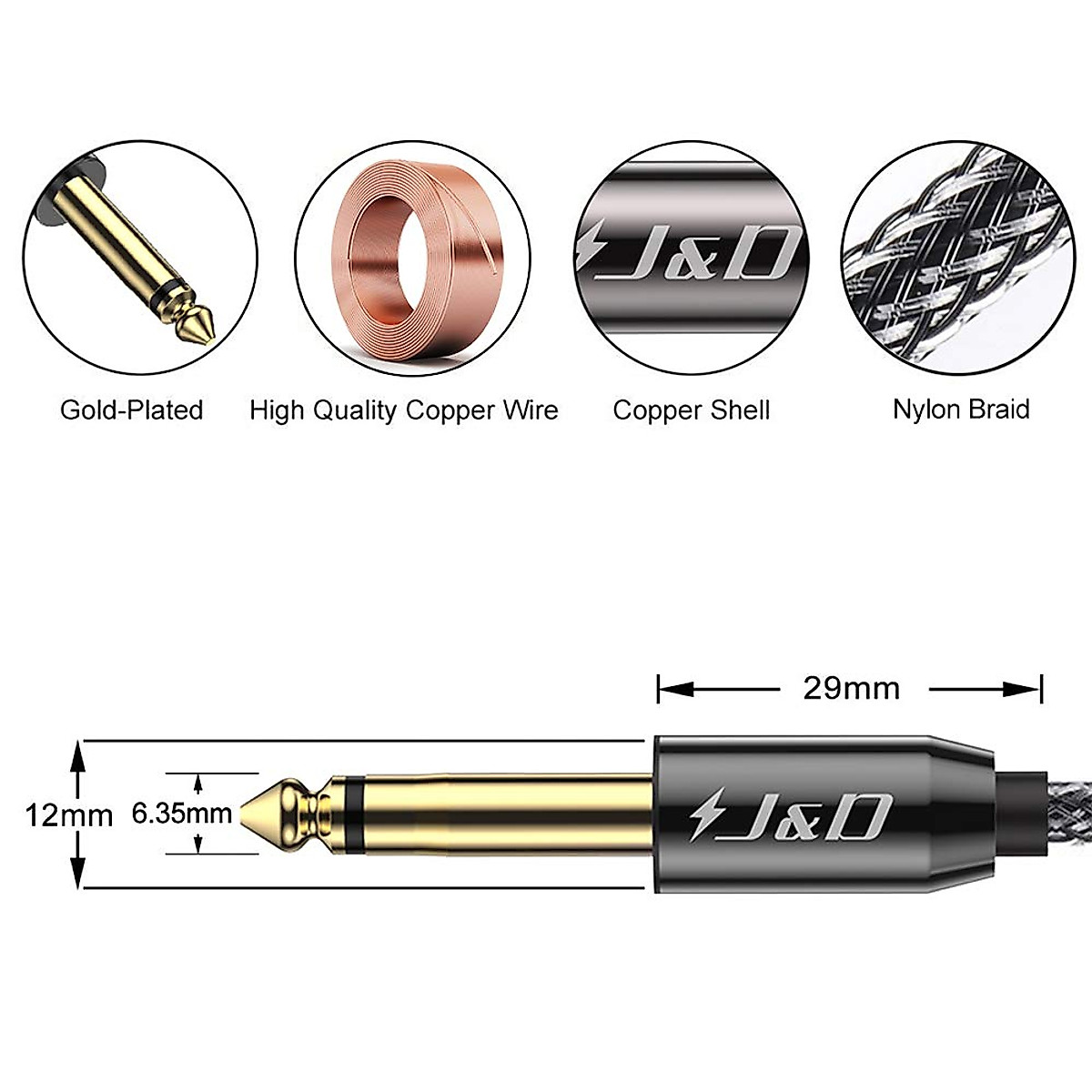 J&D 6.35mm Guitar Instrument Cable, Gold Plated Copper Shell Heavy Duty 6.35mm 1/4 inch TS Mono Audio Cable with Zinc Alloy Housing and Nylon Braid for Guitar, Multi Effects, Amplifiers, 9 Feet