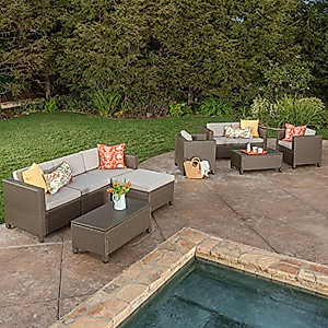 Christopher Knight Home Puerta Outdoor Wicker Sofa Set, 9-Pcs Set, Brown / Ceramic Grey