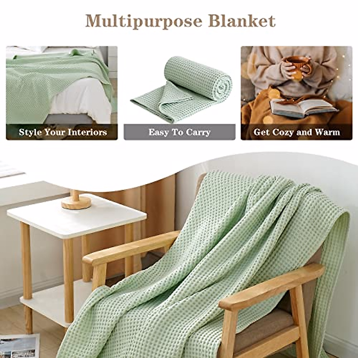 NATUREFIELD Waffle Weave Throw Blanket, 70" x 50" 100% Cotton Lightweight and Breathable Bed Throw, Soft and Comfortable Throw Blanket for Bed Couch Sofa All Season, Vintage Washed, Sage Green