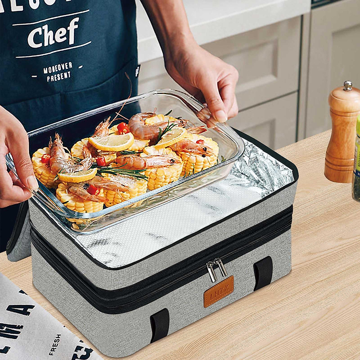 LHZK Double Insulated Casserole Carrier, Expandable Casserole Carriers for Hot or Cold Food, Insulated Food Carrier for Travel, Parties, Picnic, Fits 11 x 15 or 9 x 13 Baking Dish (Grey)